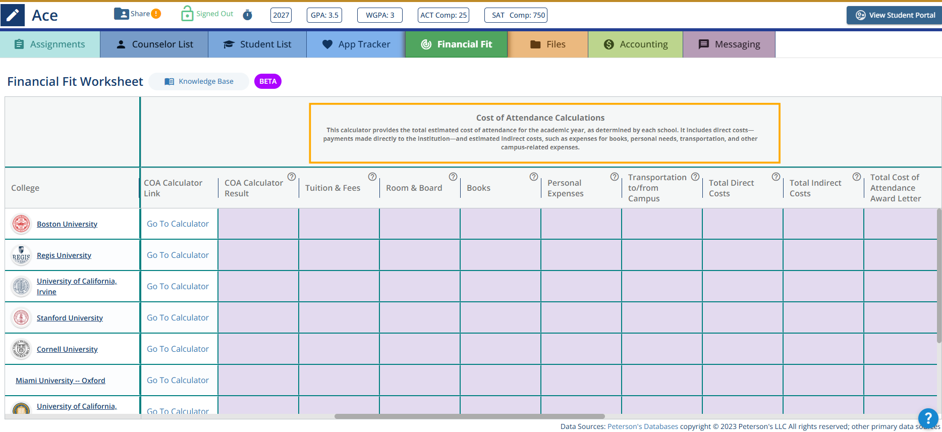 Financial Fit - Fin Fit Tab, available in Student Portal