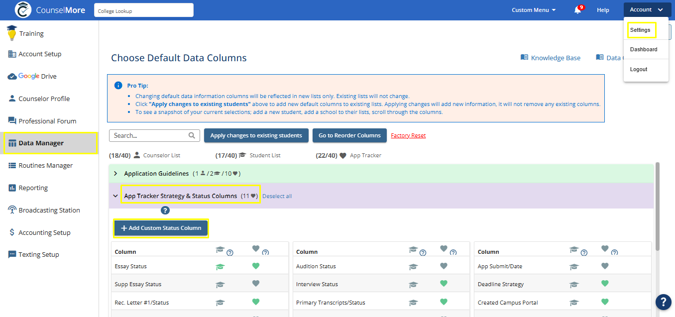 Settings - App Tracker Strategy & Status Columns
